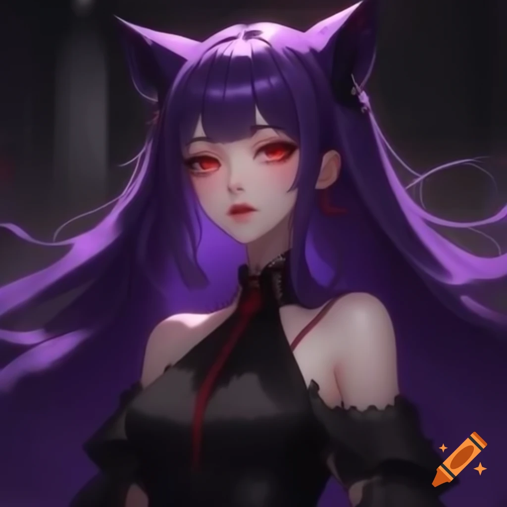 Elegant female anime character with dark purple hair and fox ears in ...