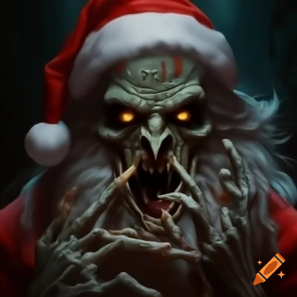 Nightmarish figure combining elements of santa claus and zombie with a ...