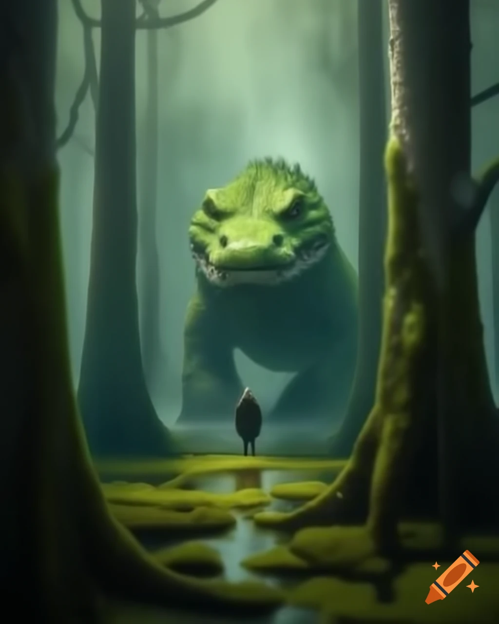 Mossy alligator deity walking through misty cypress swamp, illustrative ...