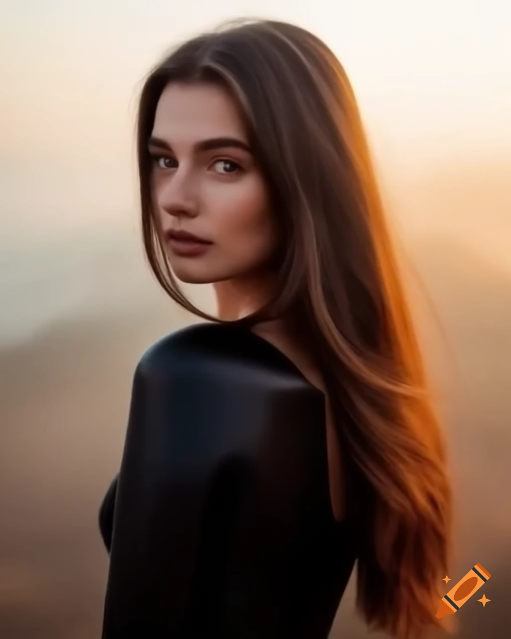 Elegant slender brunette with long hair and sparkling brown eyes in ...