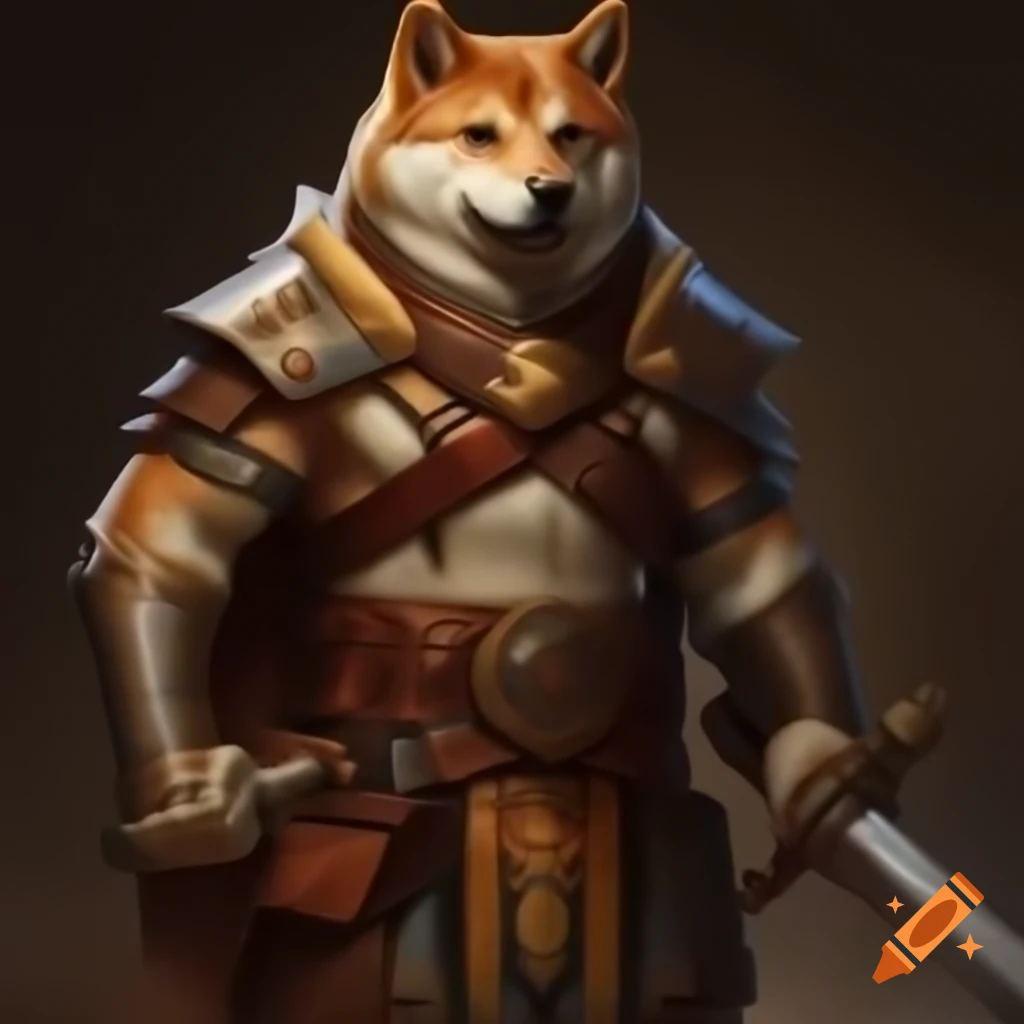Anthropomorphic shiba wearing mixed leather and mail armor, wielding a ...