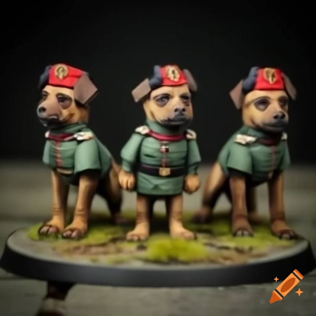 Tiny army of puppies in military uniforms walking down cobbled lane with determined expressions ...