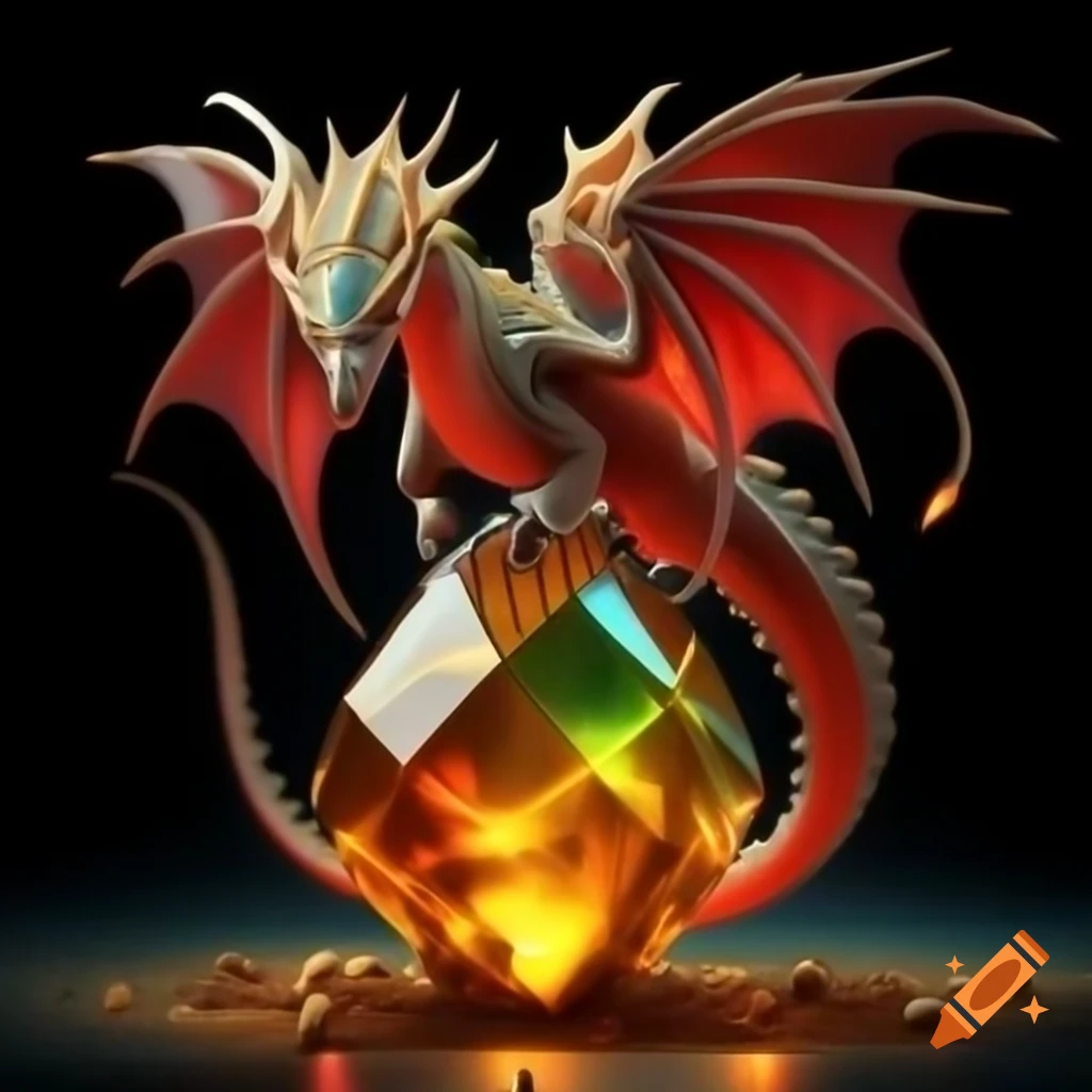 Ethereal giant dragon in amber and green glass cube, shimmering in ...