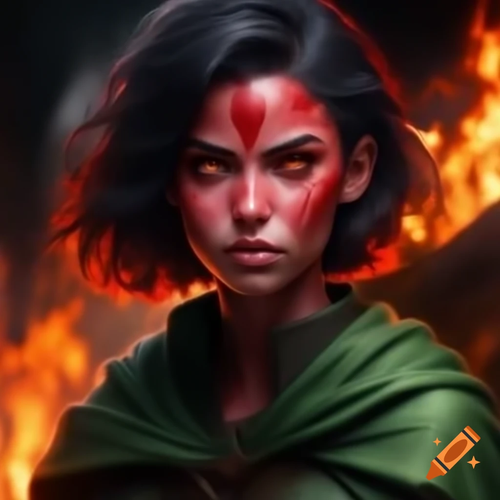 Fire genasi with red skin and green cloak surrounded by flames on Craiyon