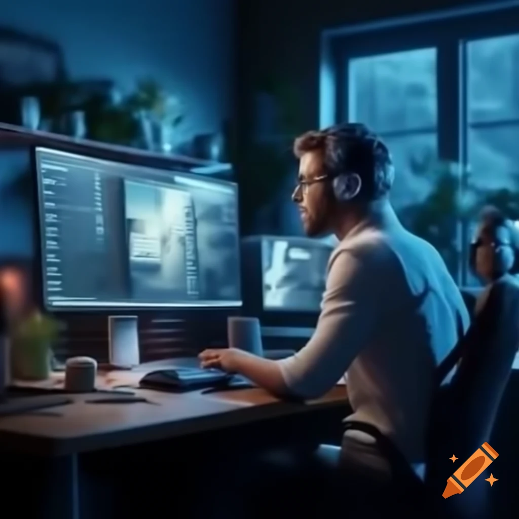 Professional video editing setup with person looking for clients, red ...