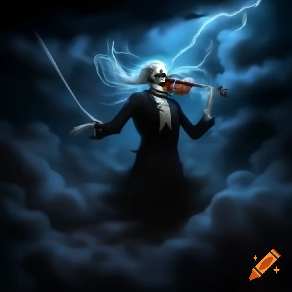 Skeleton conductor with long hair leading symphony in lightning storm ...