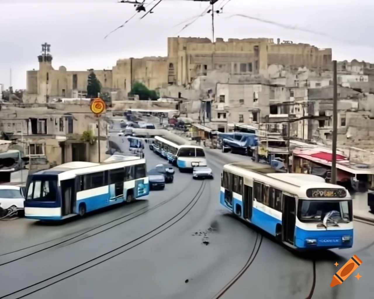 Urban scene of aleppo featuring aleppo castle, buses, trams, and cars ...