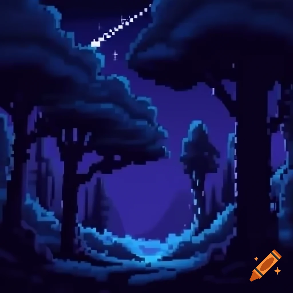 8-bit pixel art of dark forest at night with starry sky on Craiyon
