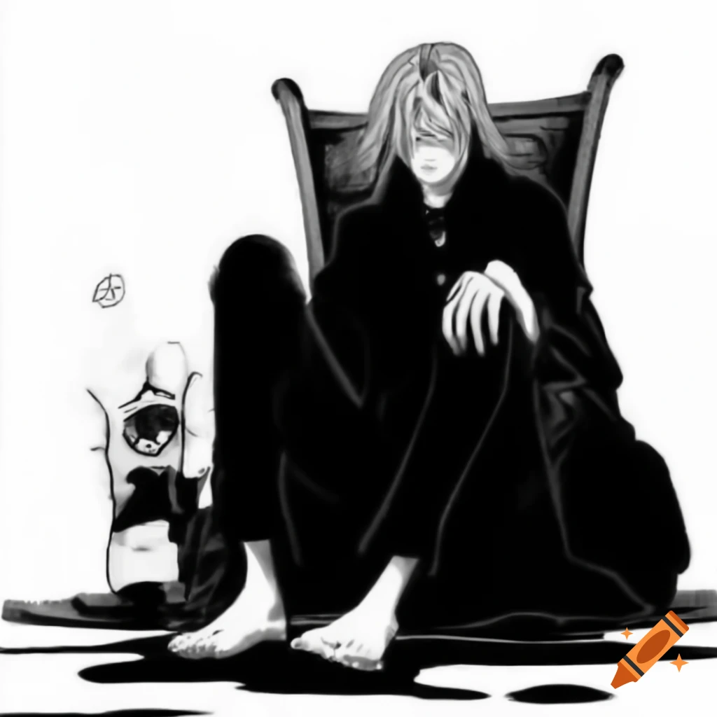 Crayon drawing of a man in glasses seated on a dark throne, viewed from ...