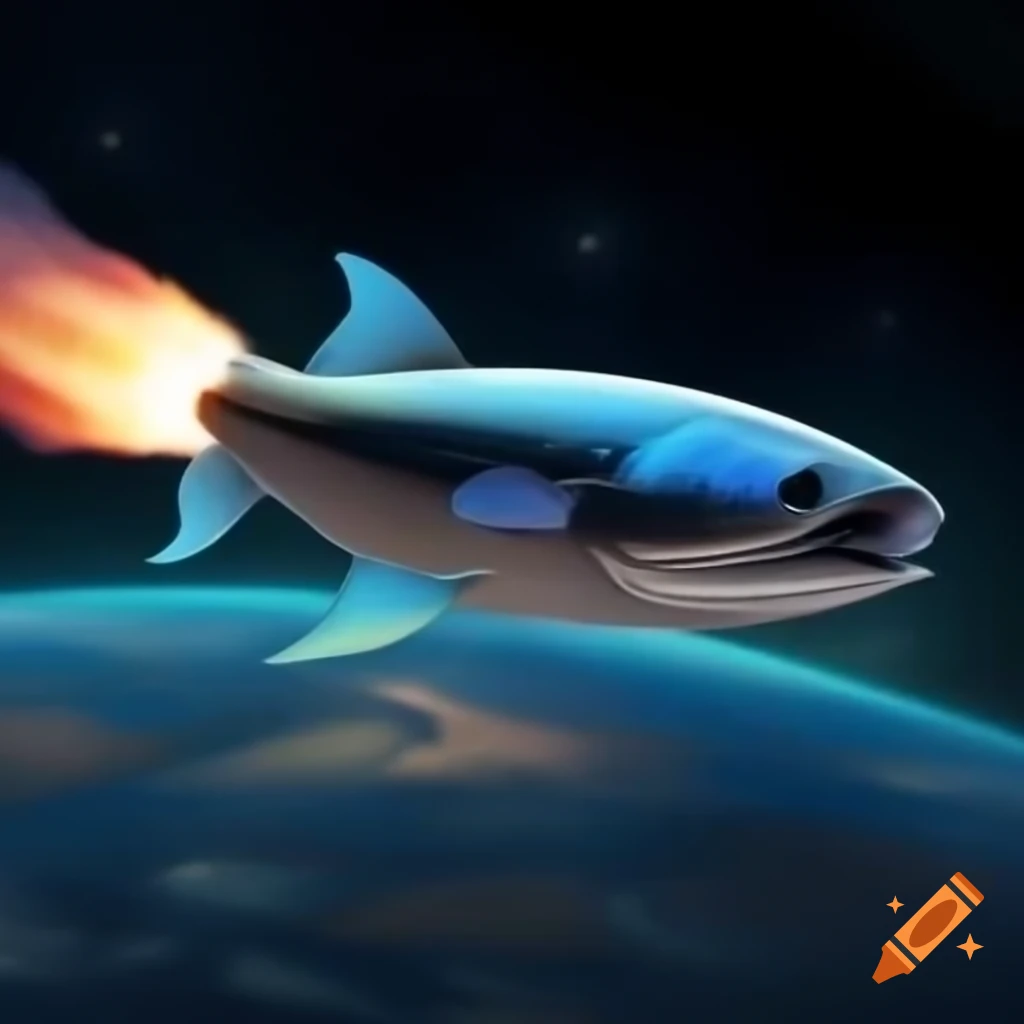 Futuristic fish-rocket with iridescent fins ready for launch at vibrant ...