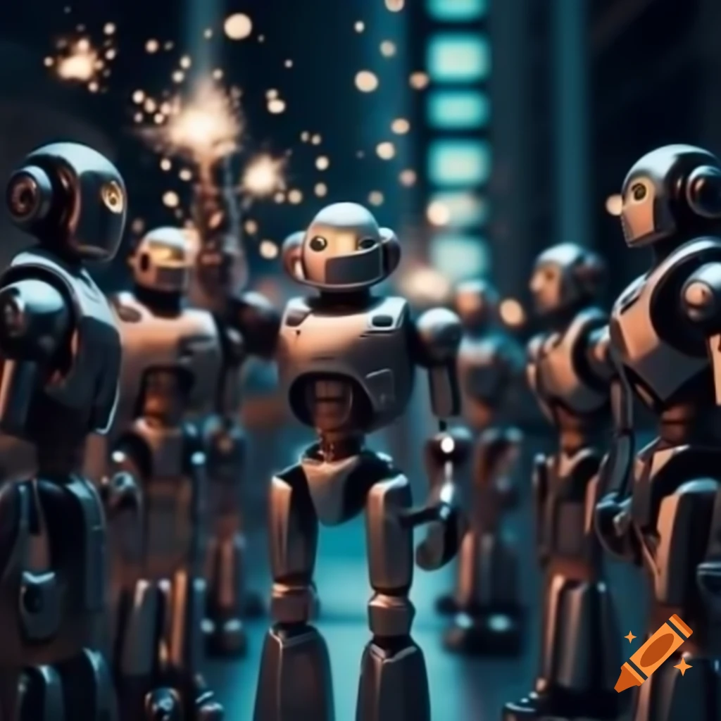 Metallic robots celebrating new year's eve with sparklers in futuristic ...