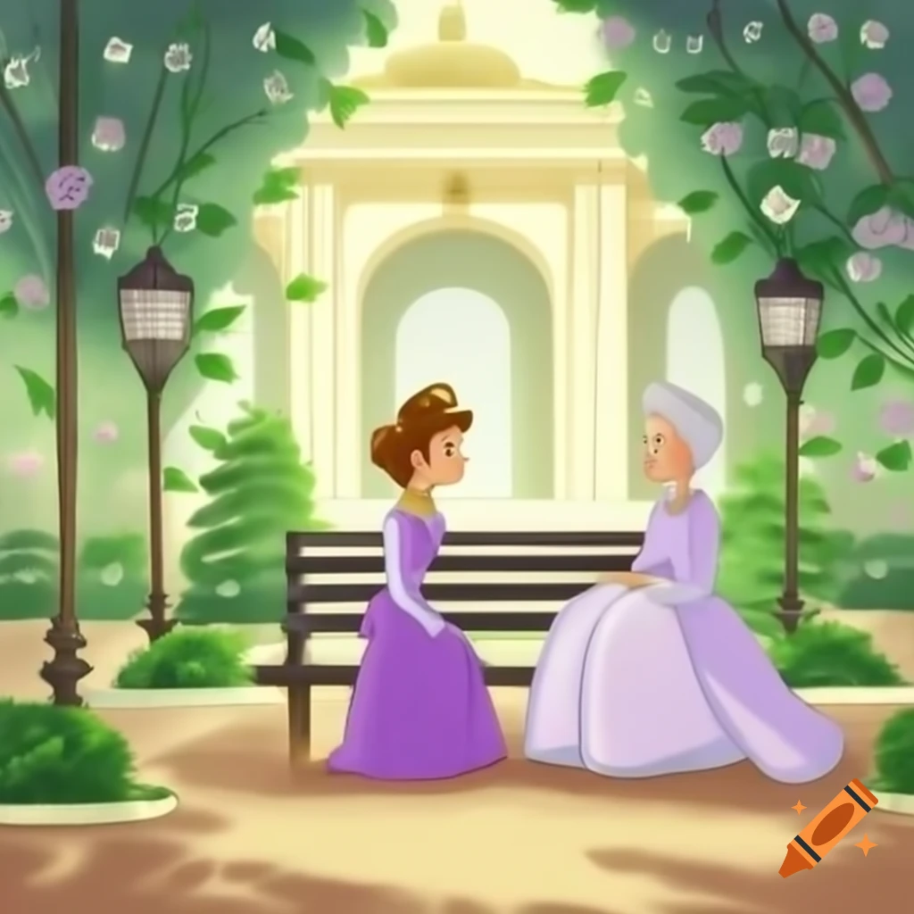 Princess in violet dress sitting beside old woman in palace gardens on ...