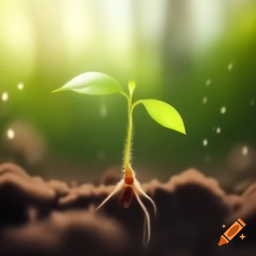 Tiny seed sprouting with roots and green leaves in sunlight and ...