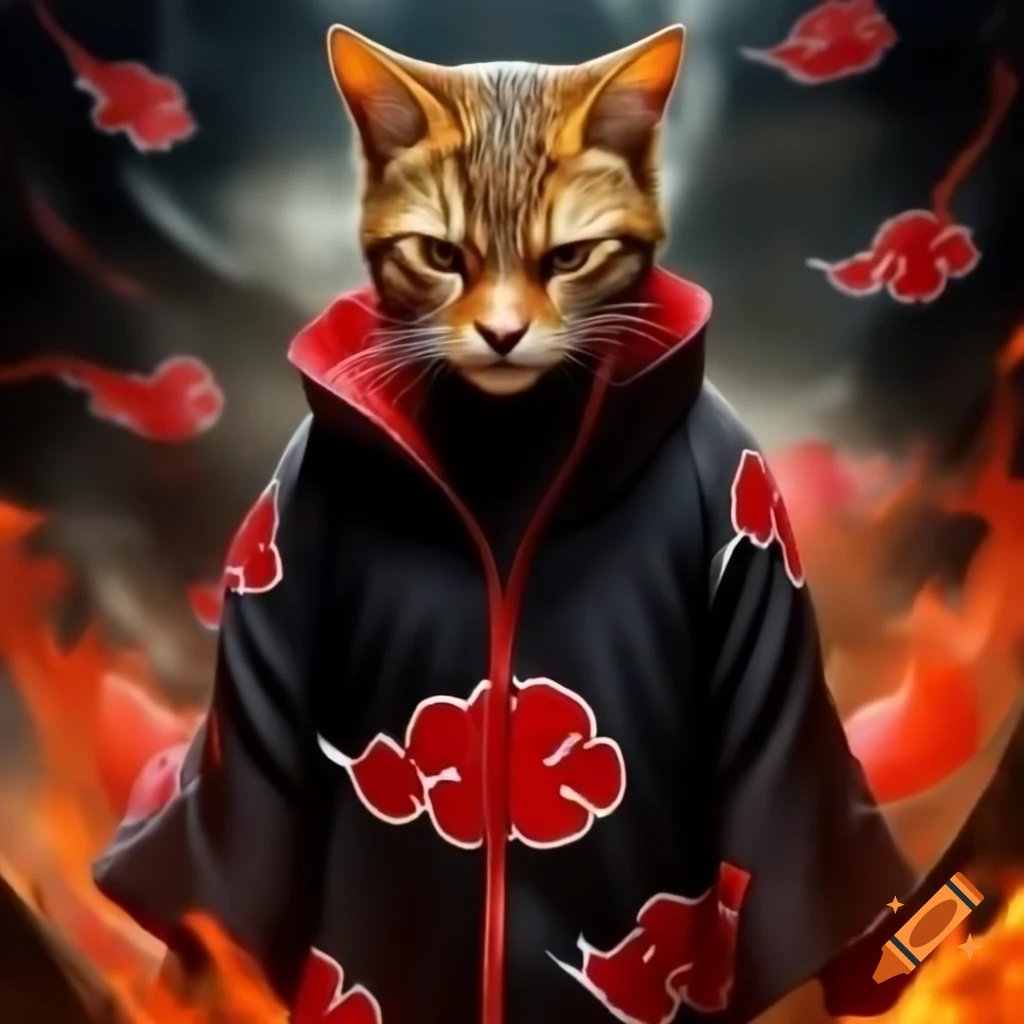 Feline ninja in Akatsuki robes with Amaterasu flames and sharingan eyes ...