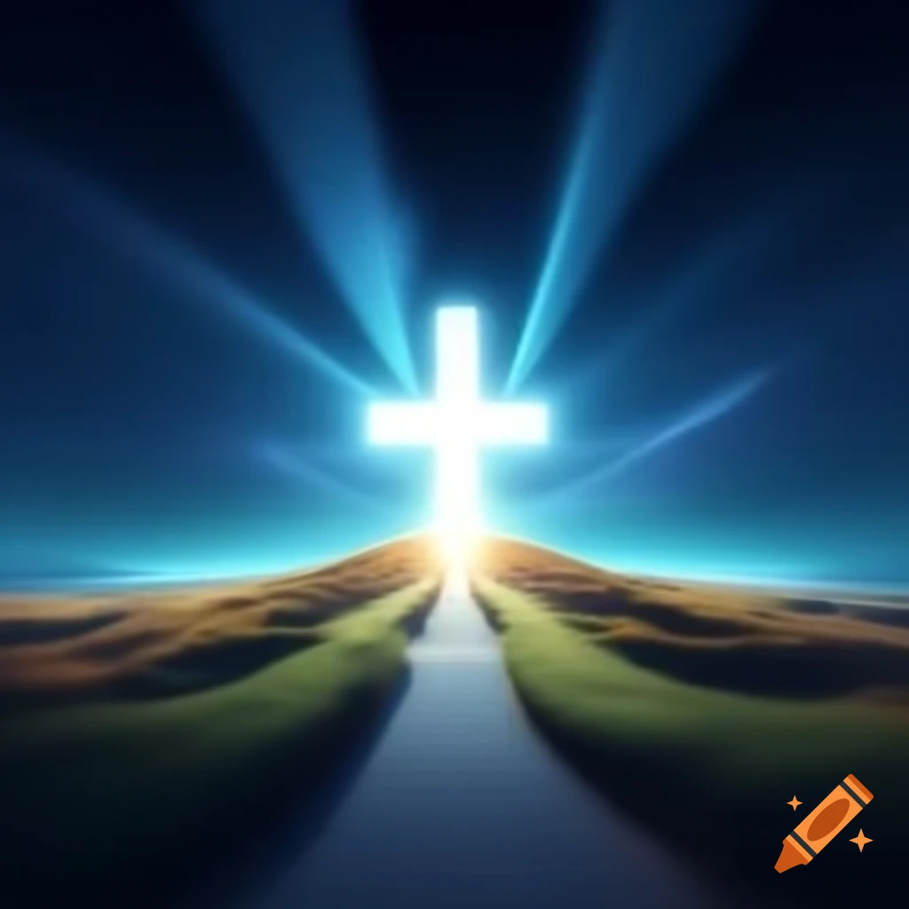 Logo depicting winding pathway to glowing cross with light beams on Craiyon