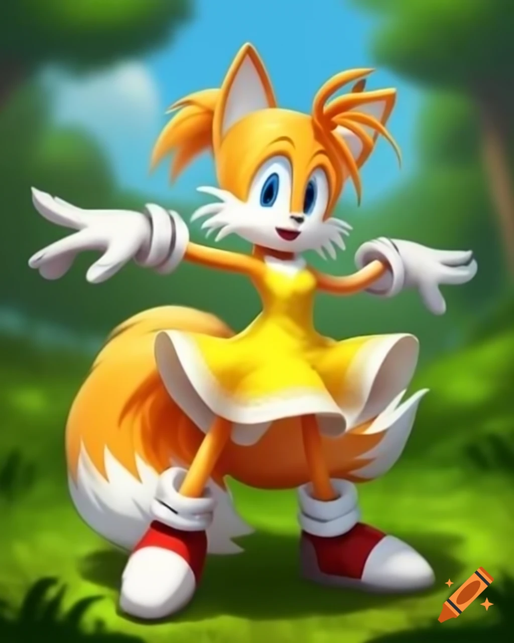 Female tails in yellow dress dancing in grassy field on Craiyon