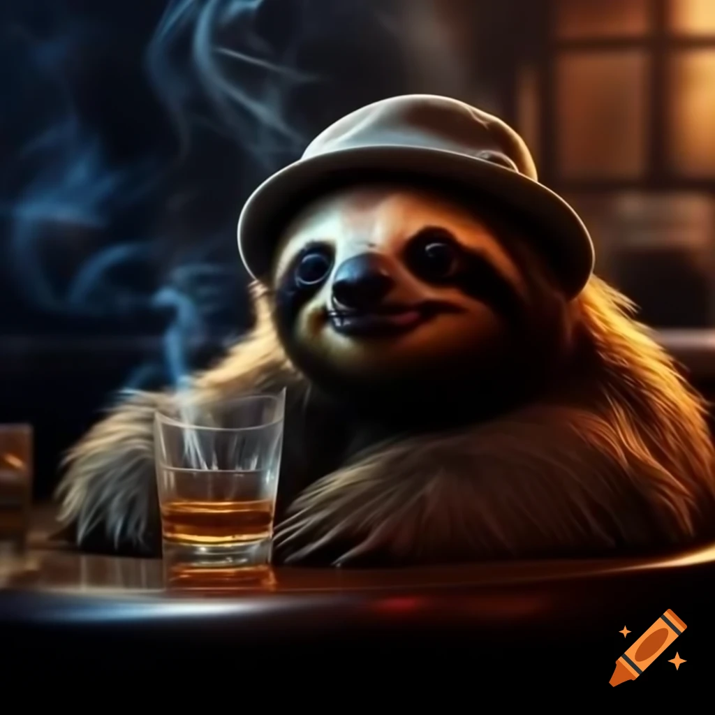 Sloth in bowler hat elegantly sipping whiskey in dimly lit bar on Craiyon