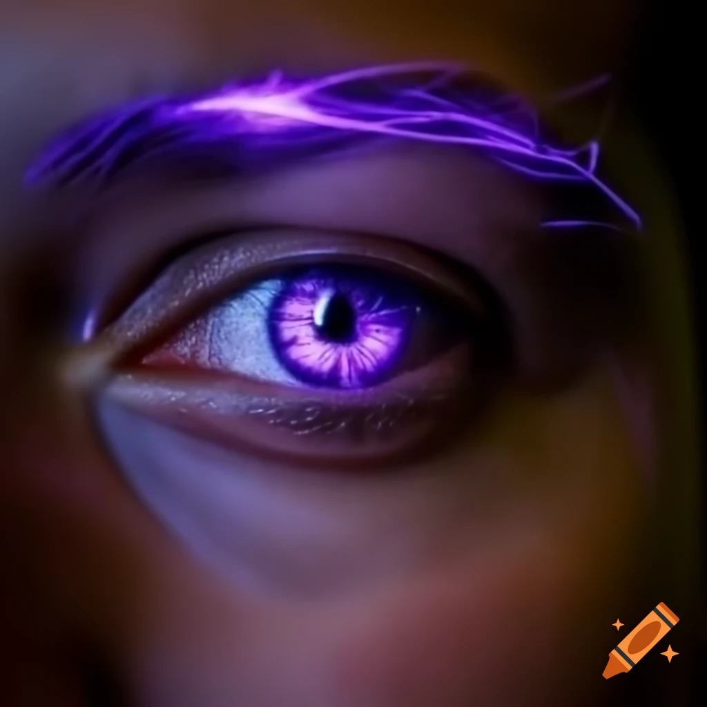 Close-up of a young man's violet eye glowing with ethereal light on Craiyon