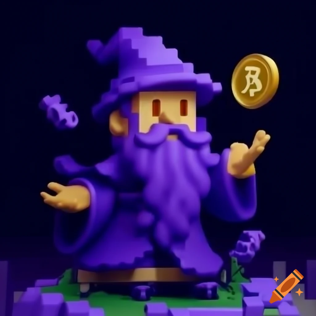 Purple pixelated wizard holding a crypto coin on Craiyon