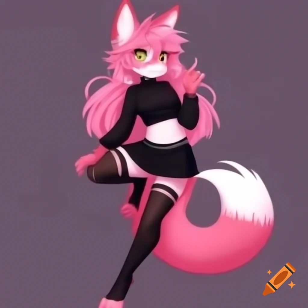 Cute anthropomorphic pink fox femboy posing shyly in stylish outfit on ...