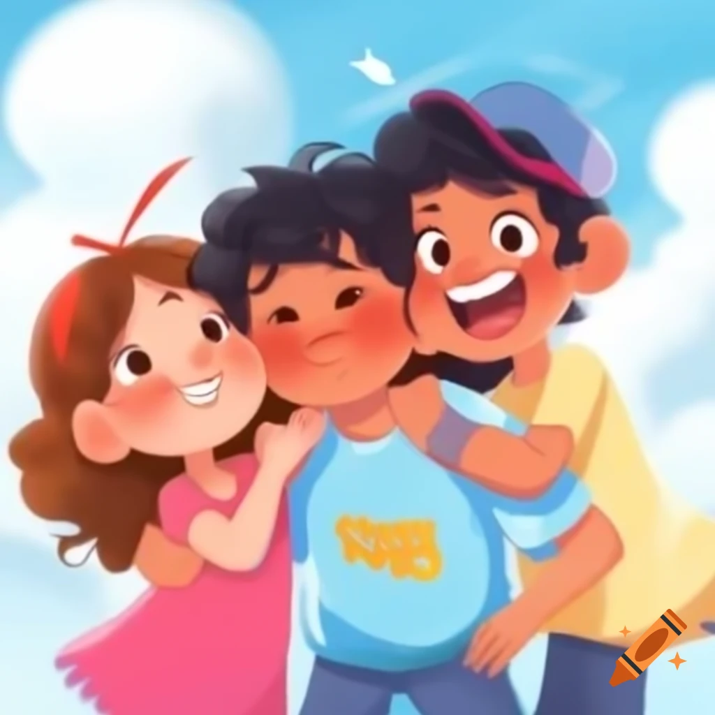 Colorful illustration of three cheerful children: Raju, Anil, and Pooja ...