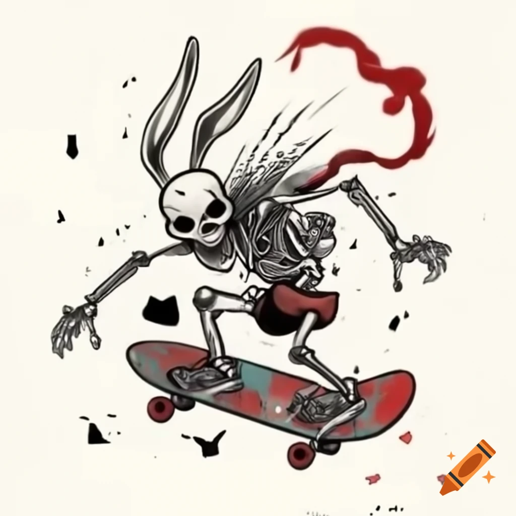 Sketch of a skeleton rabbit performing a skateboarding trick in mid-air ...