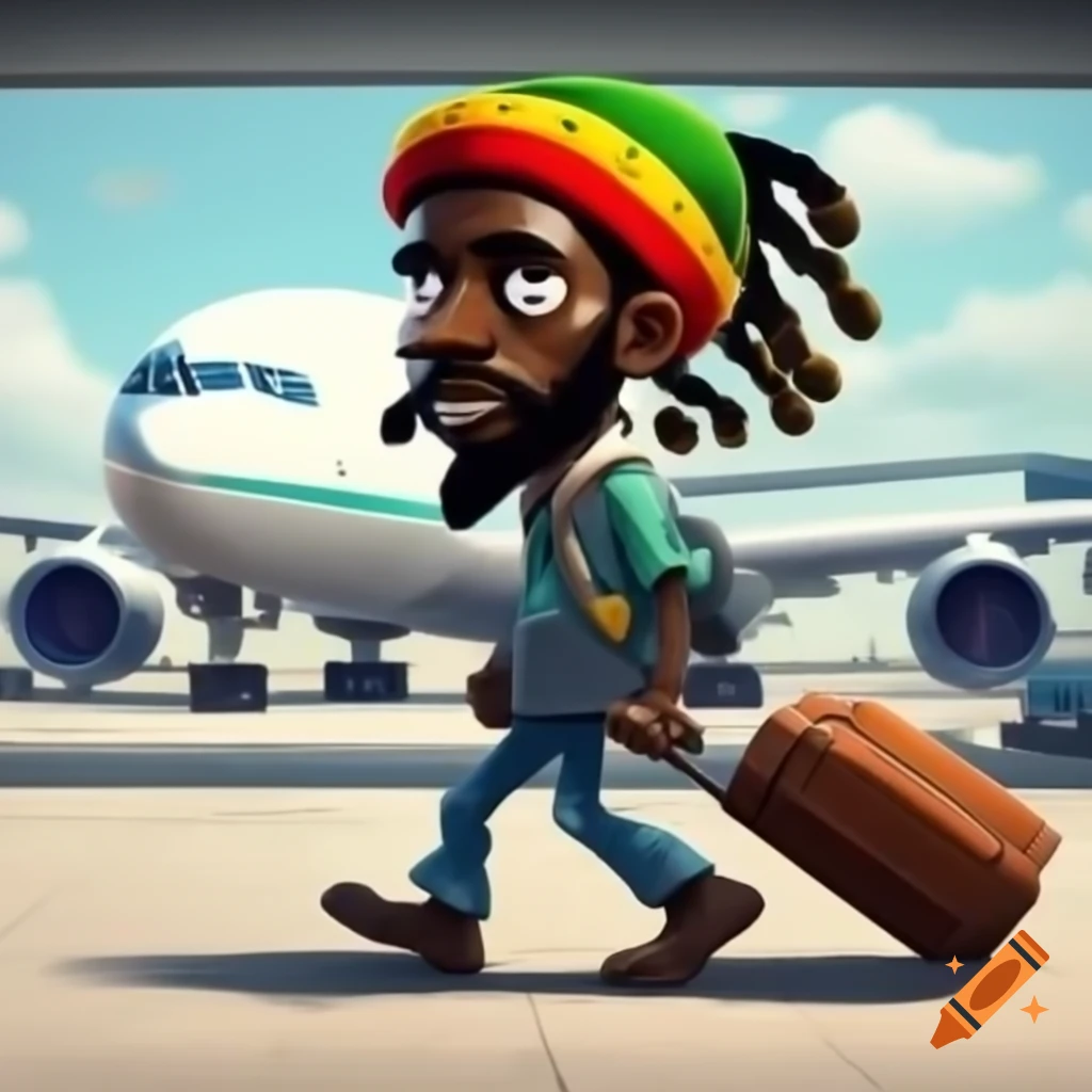 Cartoon Rasta man with long dreadlocks carrying bag at airport, smiling amid surprised onlookers ...