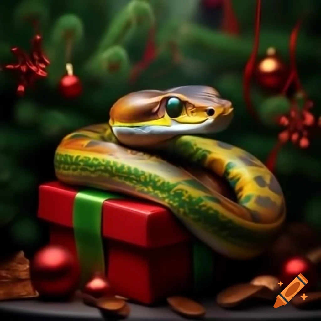 Snake wrapped around Christmas gift in red, green, and gold colors on ...