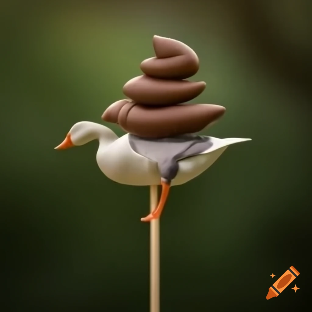 Humorous knight goose holding stick with poop instead of sword on Craiyon