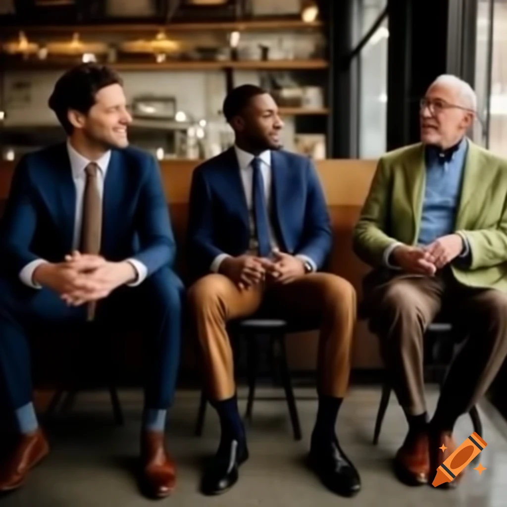 Three men of different generations conversing in a café on Craiyon