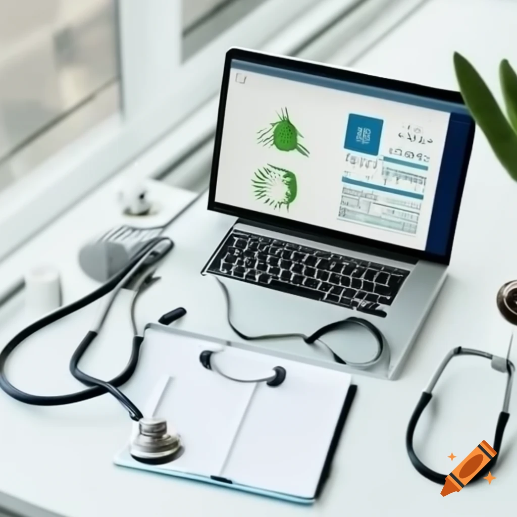 Modern desk setup with laptop and medical tools in bright clinic ...
