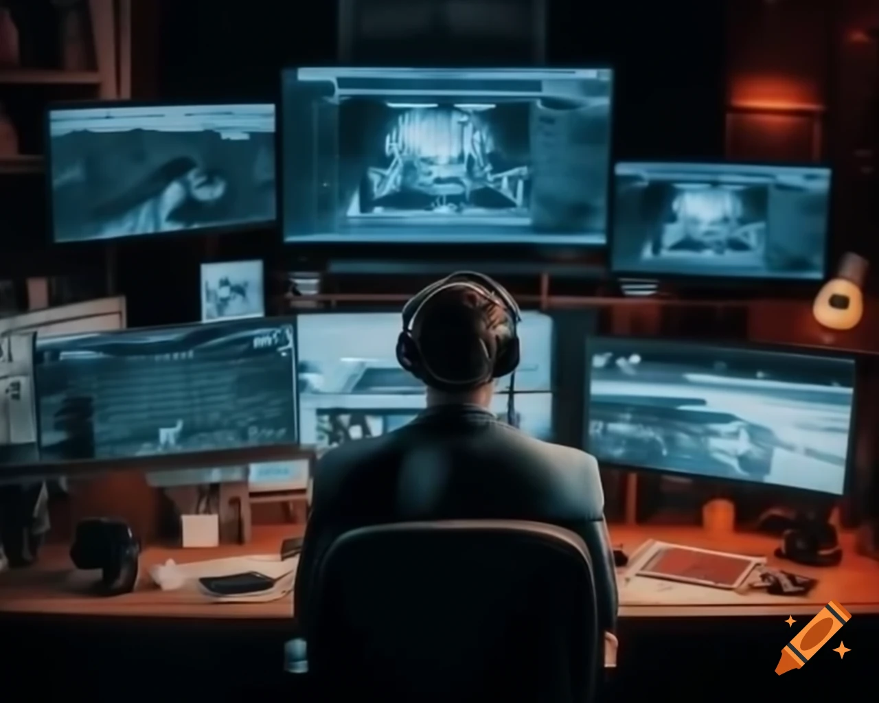 Streamer in dark room with hood at gaming setup on Craiyon