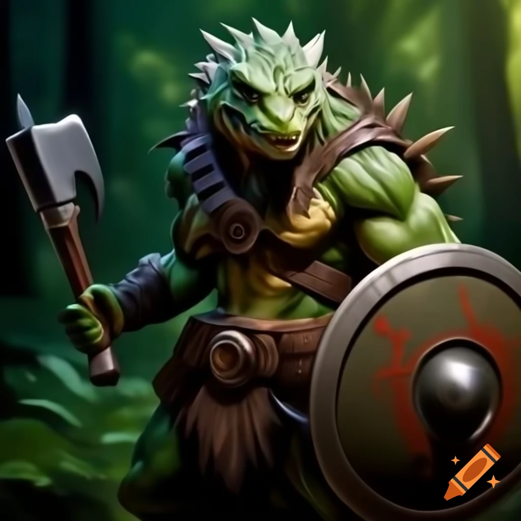 Lizard-man barbarian with axe and shield in forest, dark fantasy art on ...