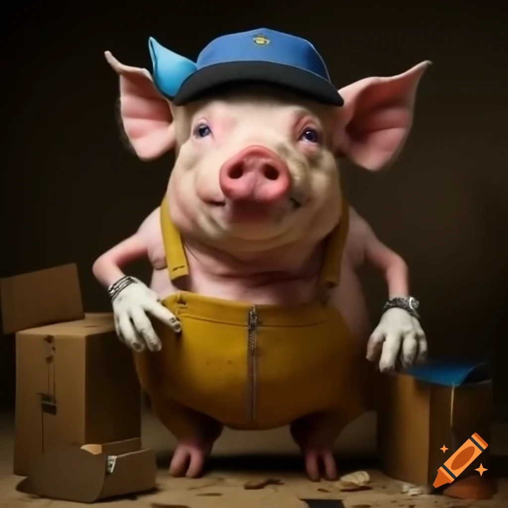 Humanoid pig man in overalls dancing with boom box on Craiyon