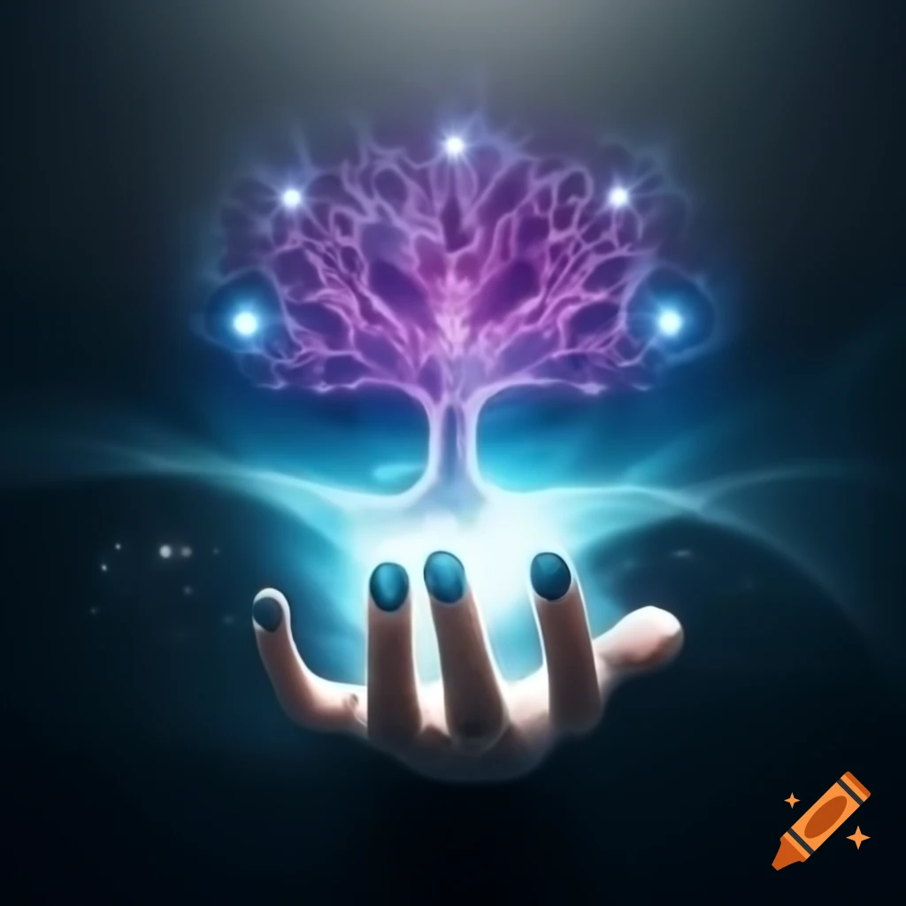 Human and robotic hand reaching out to symbolize unity between humanity ...