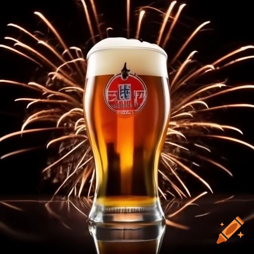 Glass of foamy beer with magnificent fireworks display in background on ...