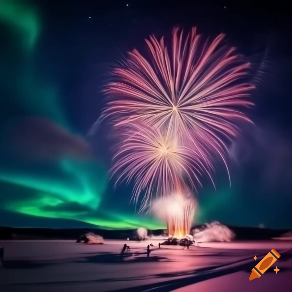 Fireworks over snowy landscape with aurora borealis on Craiyon