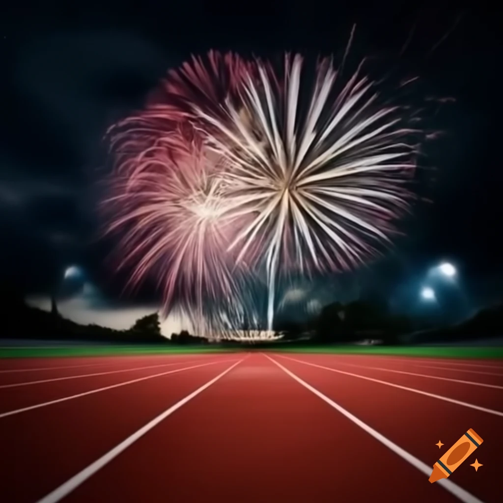 Colorful fireworks displayed above a running track on Craiyon