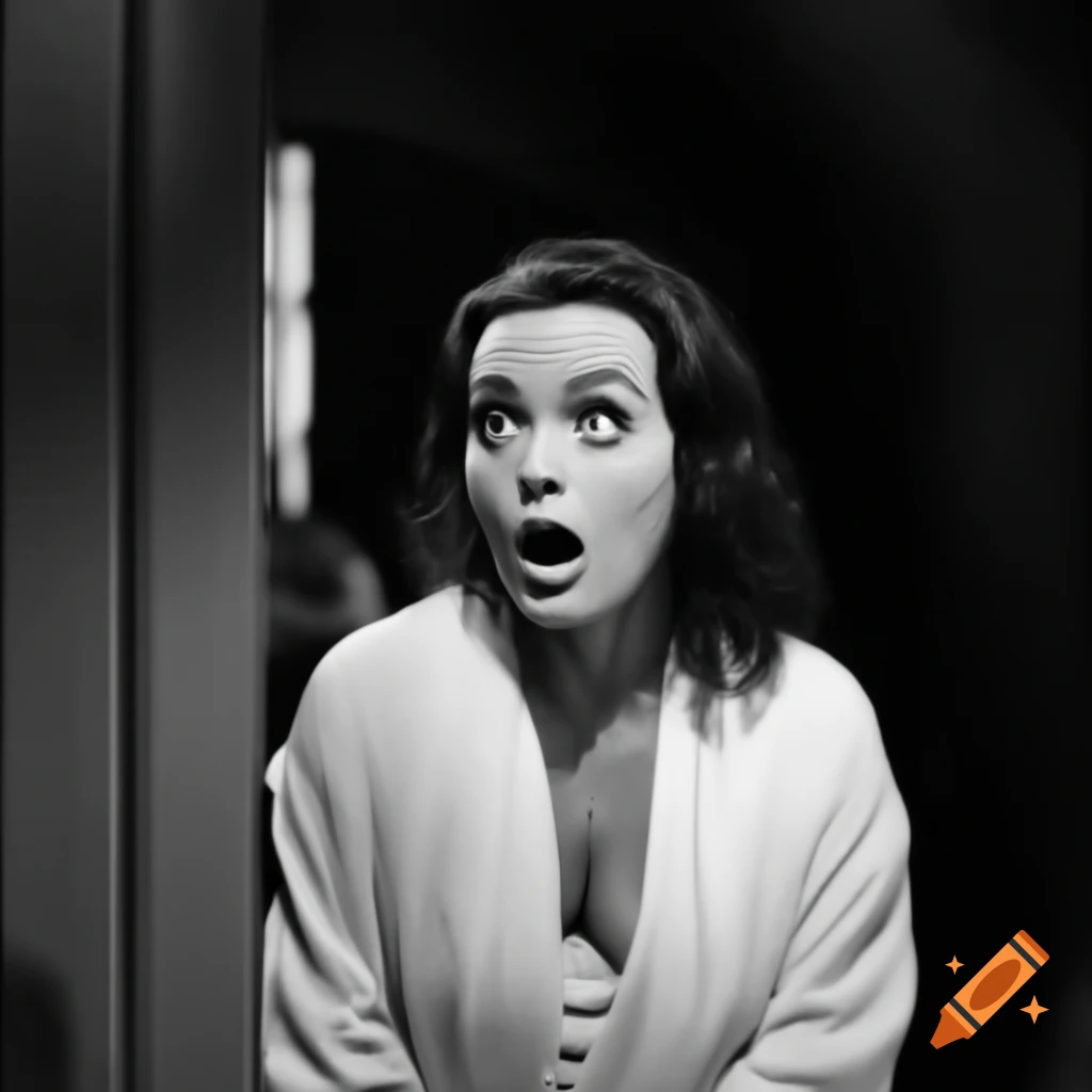 Film noir scene of surprised Alex staring at Kathy with wet hair in ...