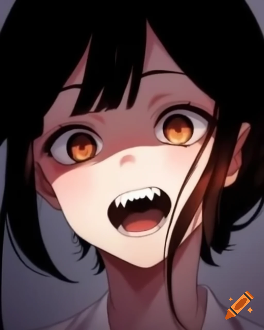 Anime depiction of a shy young woman with sharp teeth on Craiyon