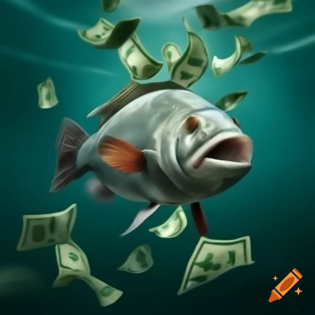 Fish surrounded by stacks of money on Craiyon