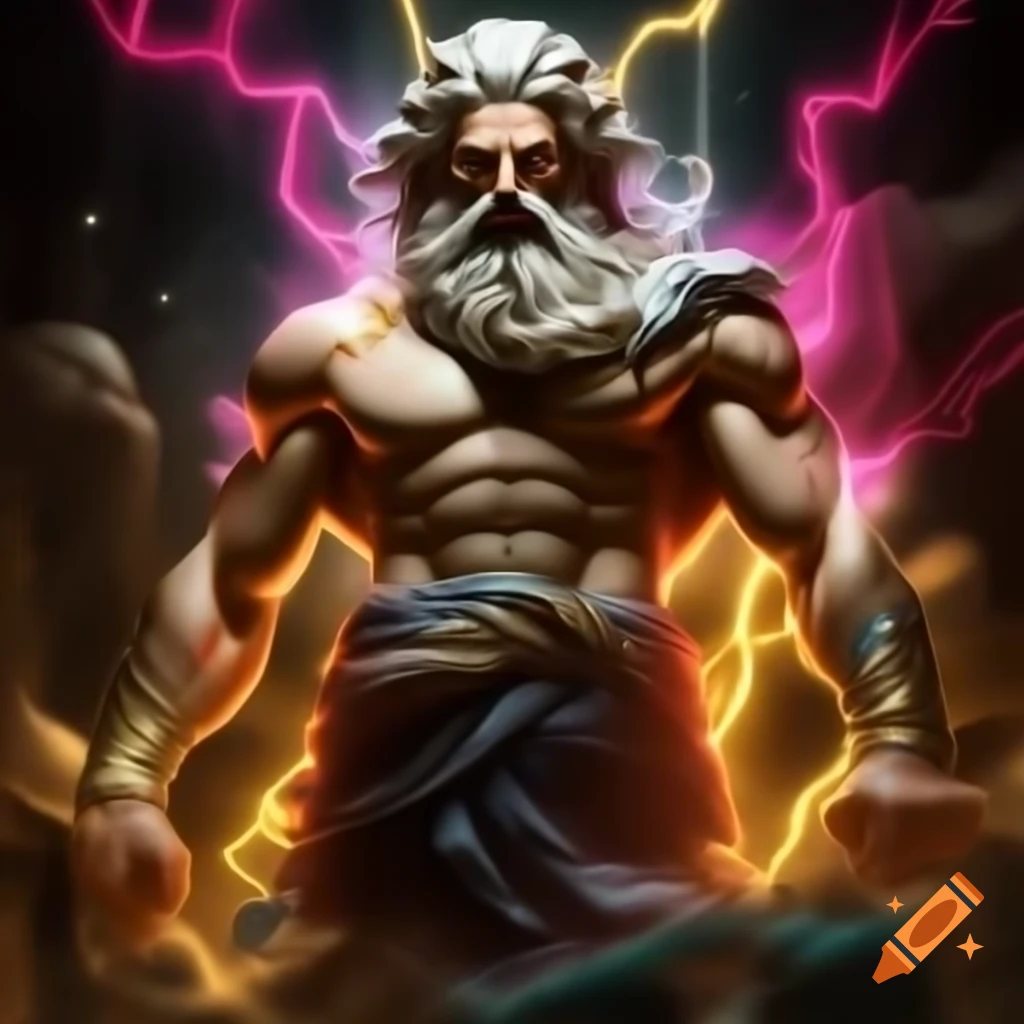 Dramatic depiction of zeus in battle near glowing slot machine on Craiyon