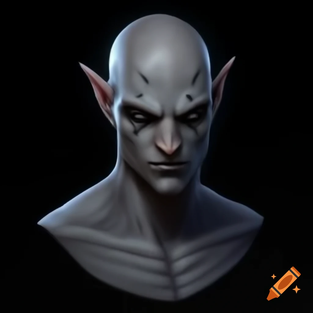 Fantasy bust of grey-skinned elf in grey tunic with pointed ears and ...
