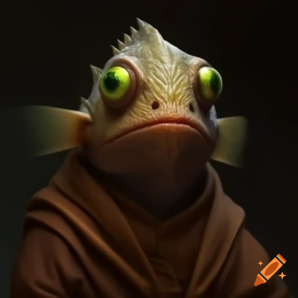 Humanoid fish character wearing brown robes with glowing green eyes on ...