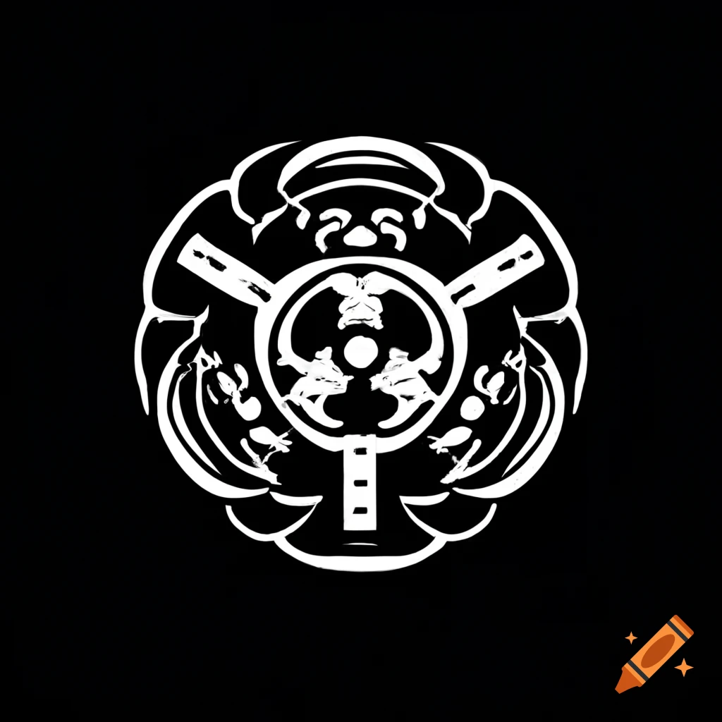 Biohazard flower design with Japanese hieroglyphs on black background ...