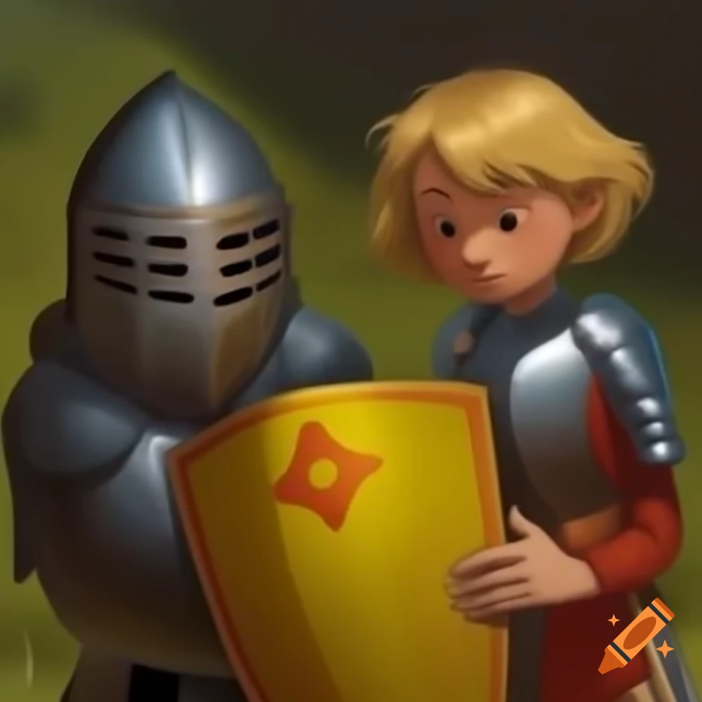 Knight with yellow shield safeguarding child’s happiness on Craiyon