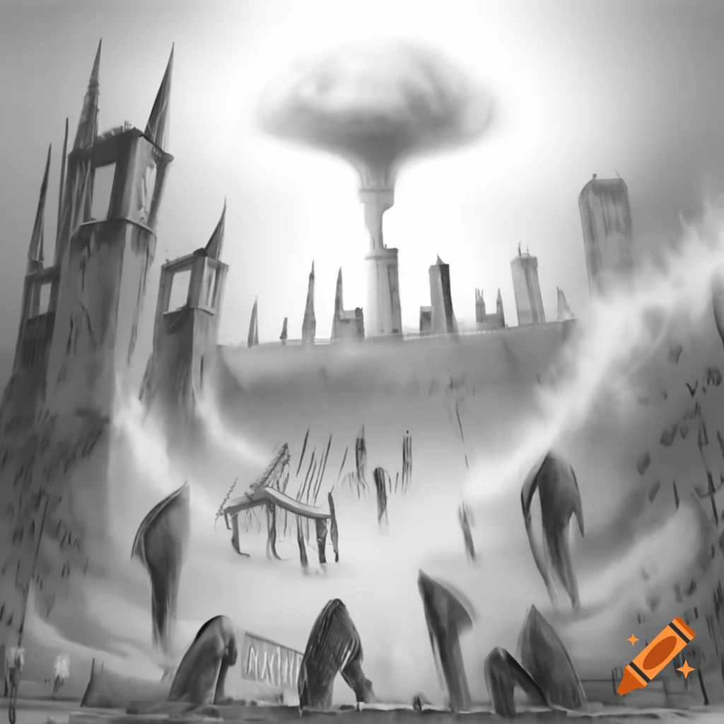 Ruined cityscape with crumbled buildings and atomic explosion in the ...