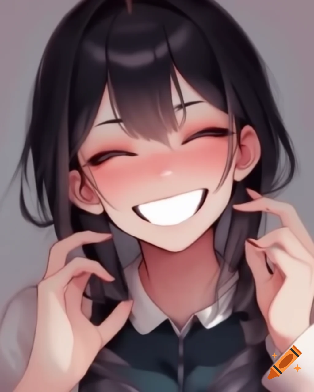 Anime young woman with sharp teeth grinning, arms behind her back on ...