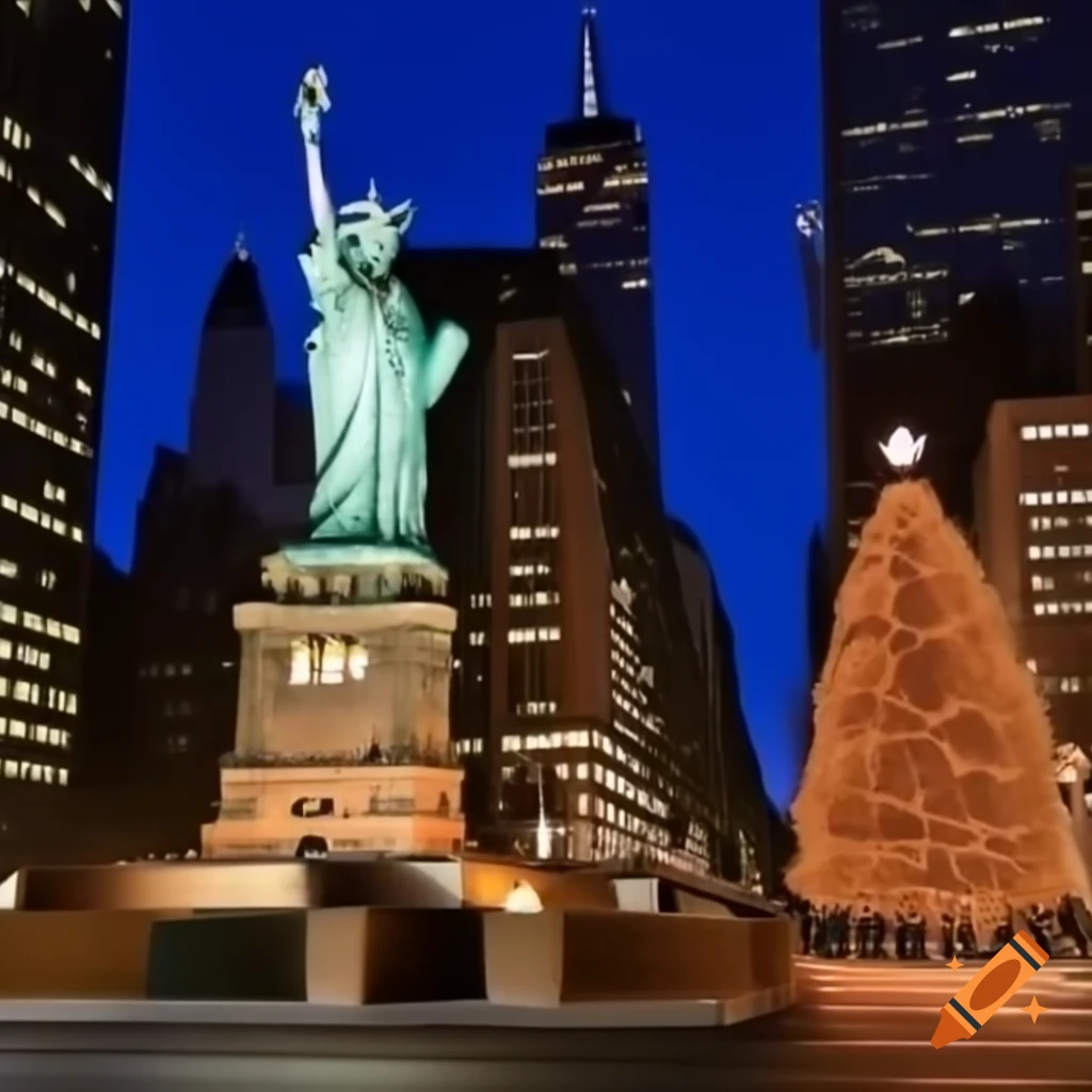 Rockefeller Center Christmas Tree with Statue of Liberty and American ...