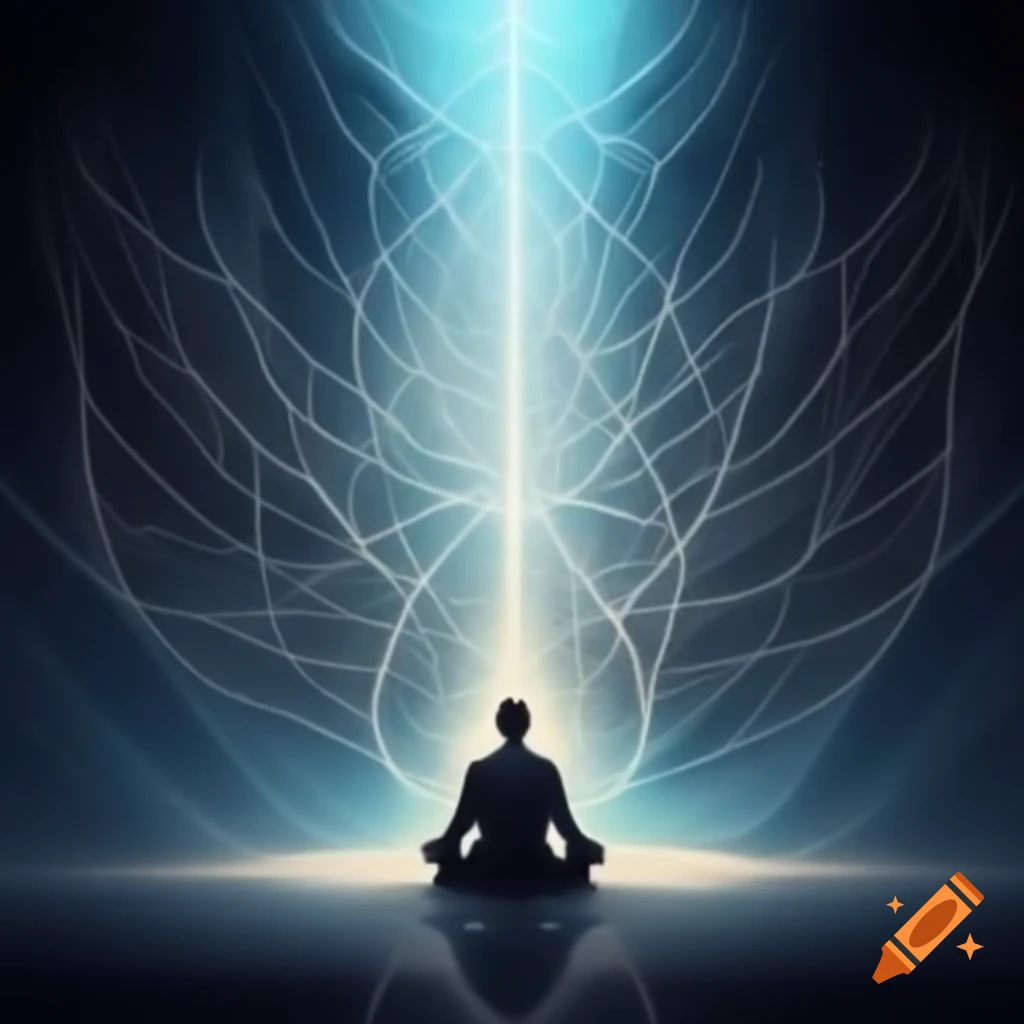 Person meditating in tranquil space with ethereal web of light ...